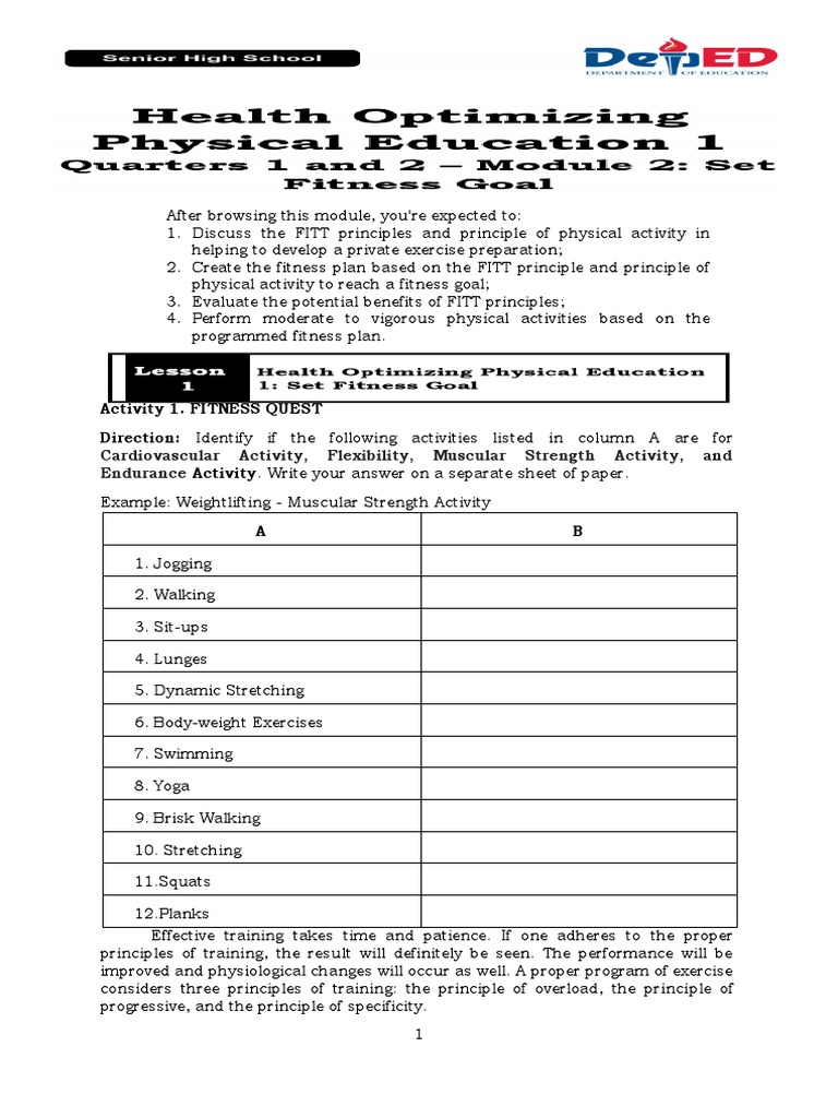 Activity Sheet For Physical Education 2 | PDF | Strength Training ...