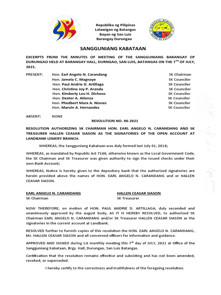 SK Resolution for Bank Signatories | PDF | Notary Public | Philippines