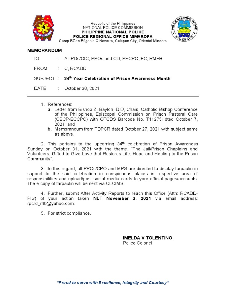 Memorandum: Philippine National Police Police Regional Office Mimaropa ...