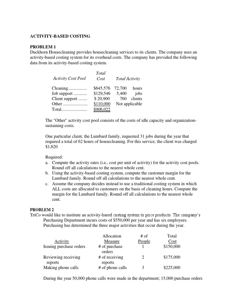 Activity Based Costing Sample Problems With Solutions PDF Cost