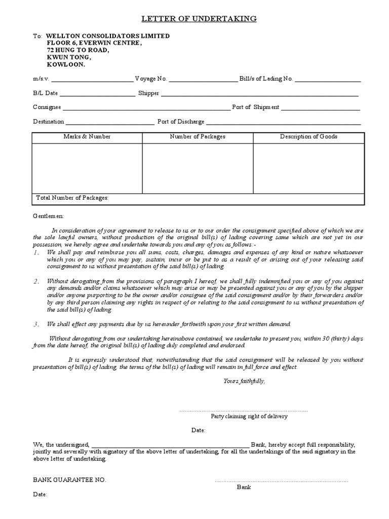 Letter of Undertaking | PDF | Cargo | Consignee