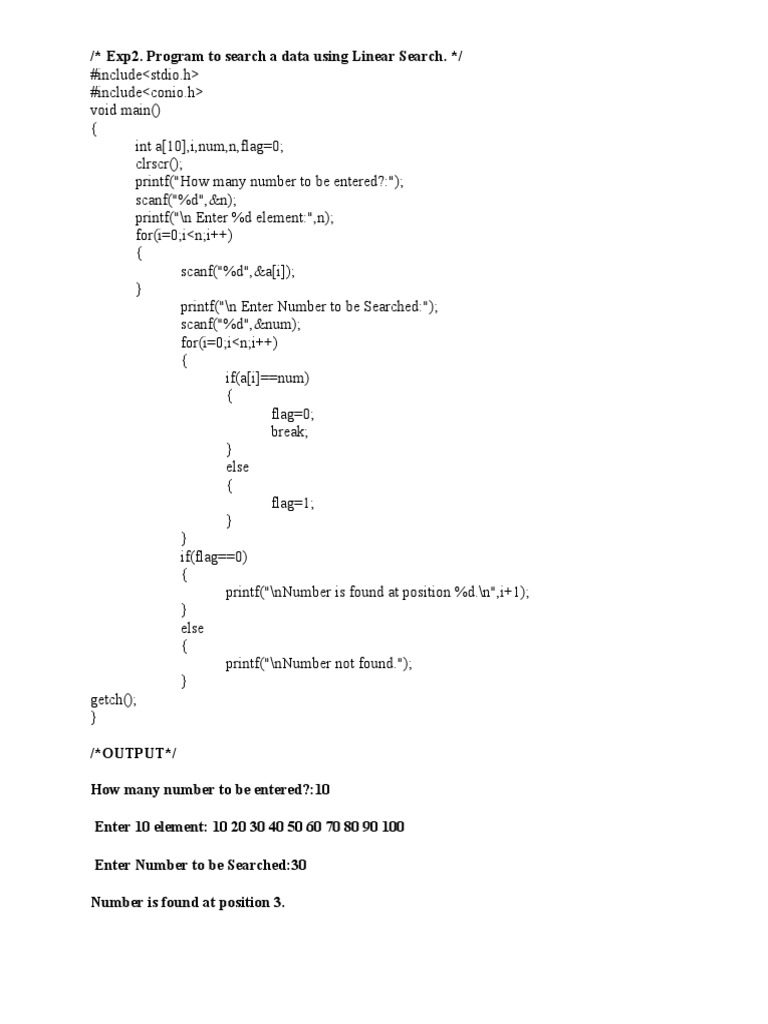 Exp2. Program To Search A Data Using Linear Search. | PDF