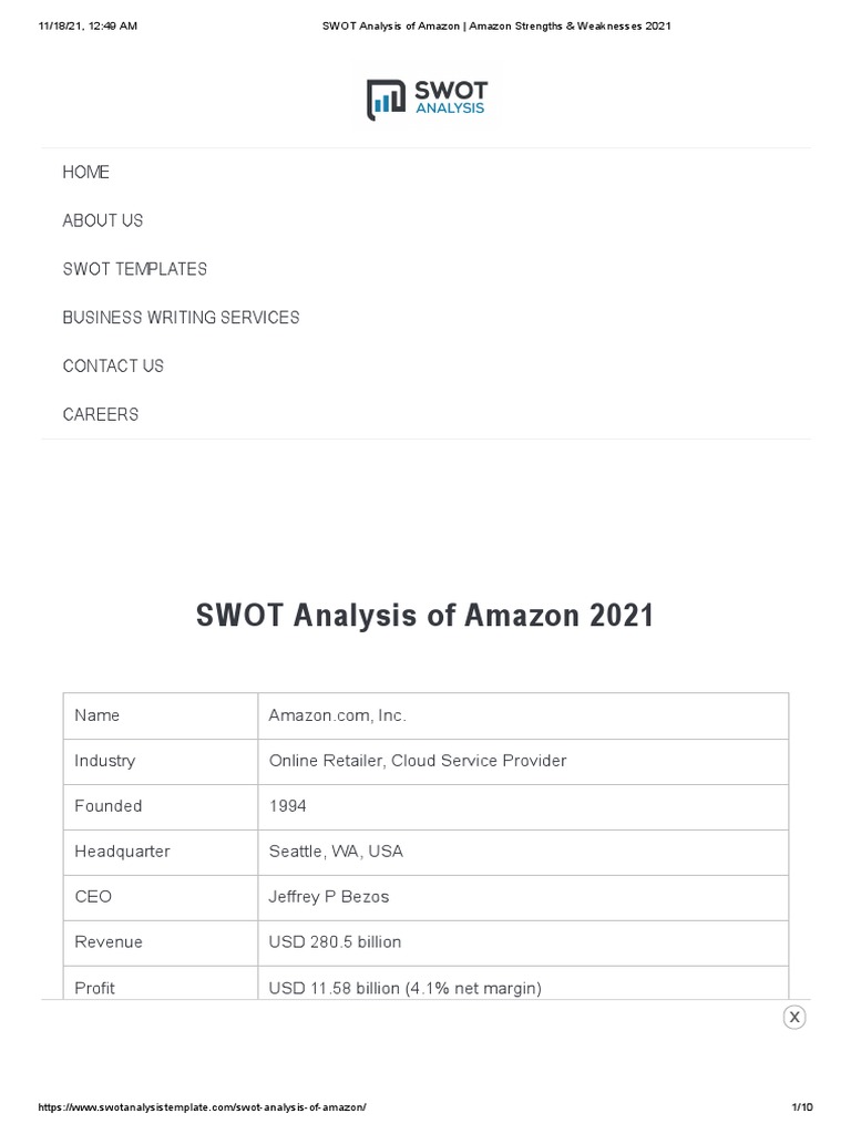 SWOT Analysis of Amazon - Amazon Strengths & Weaknesses 2021 | PDF | E ...
