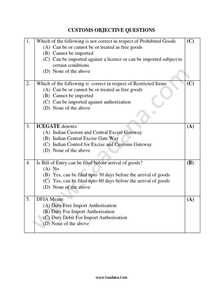 Customs Objective Questions (C) | PDF | Customs | International Trade