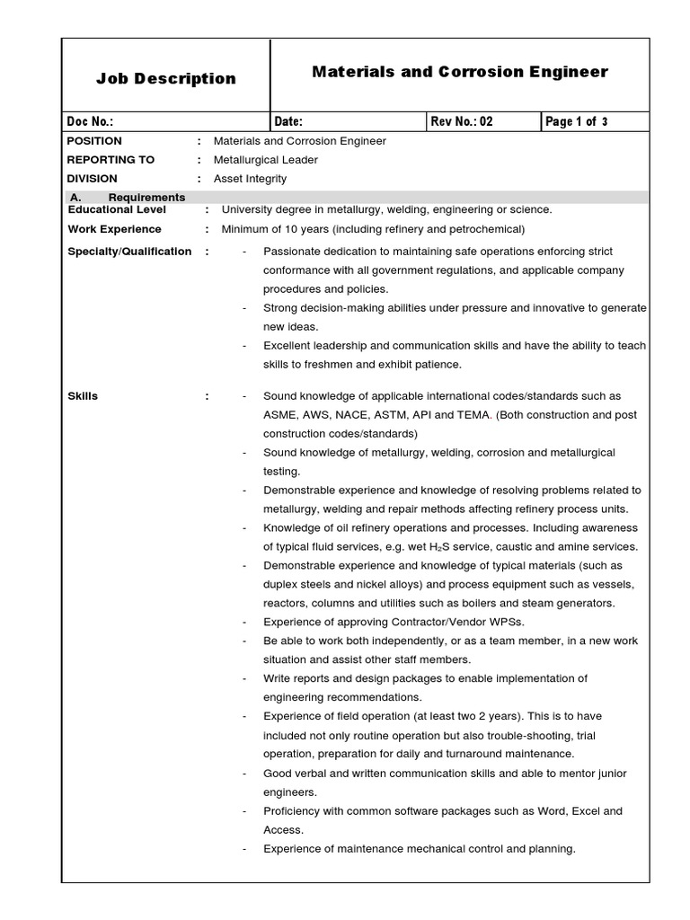 Materials and Corrosion Engineer Role | PDF | Engineer | Boiler