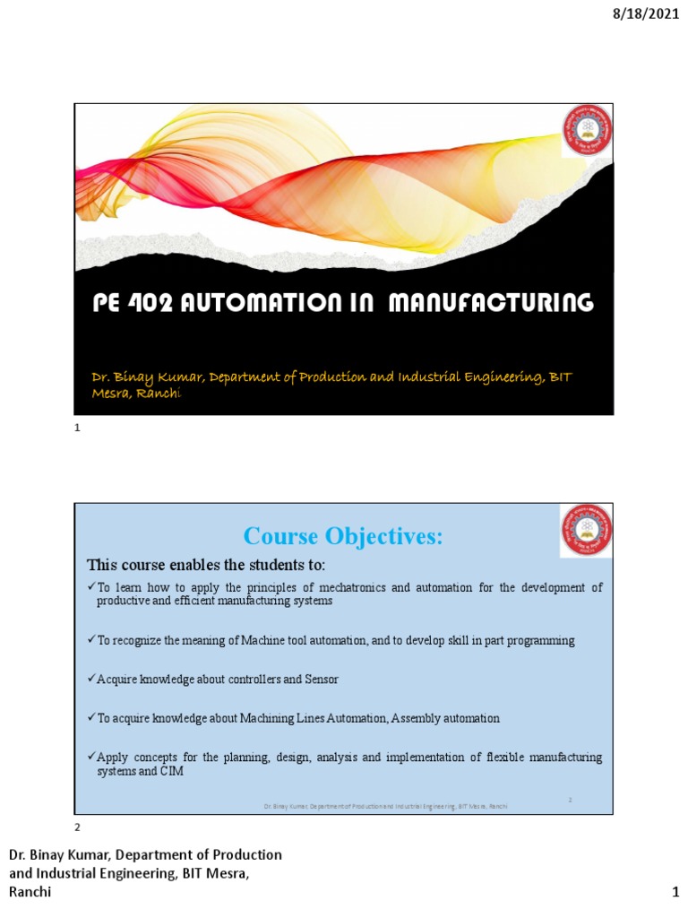 Pe 402 Automation in Manufacturing Module-I | PDF | Automation | Control System