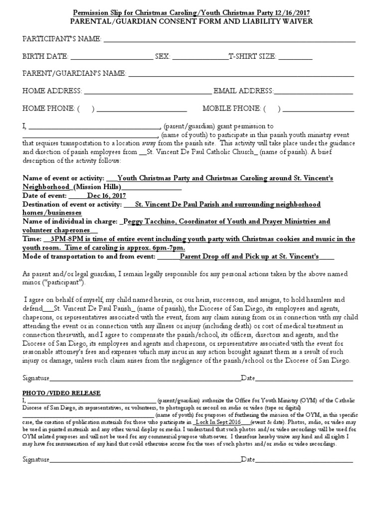 Permission Slip For Christmas Party and Caroling | PDF | Health ...