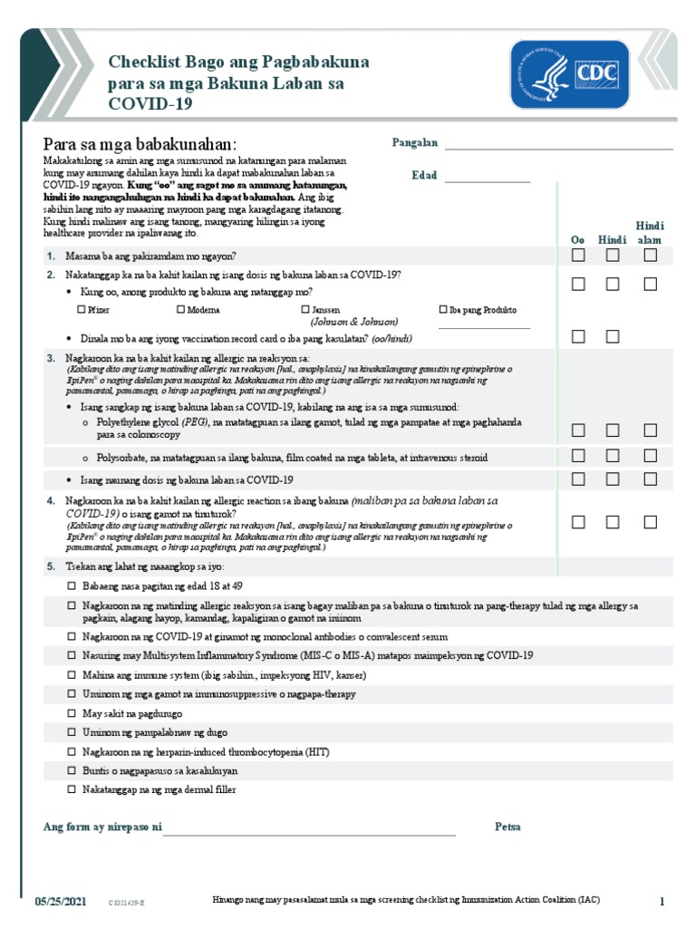 Pre Vaccination Screening Form - Tagalog | PDF
