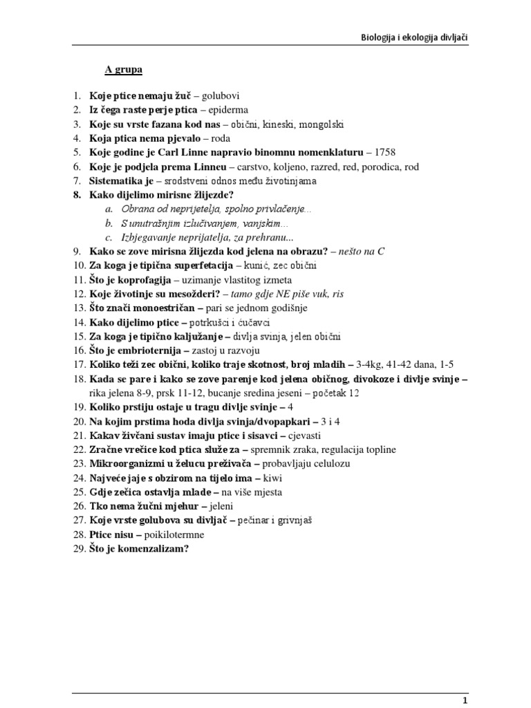 Biologija I Ekologija Divljači - Pitanja I Odgovori | PDF