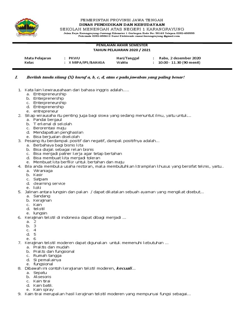SOAL PAS PKWU Kelas X | PDF | Seni