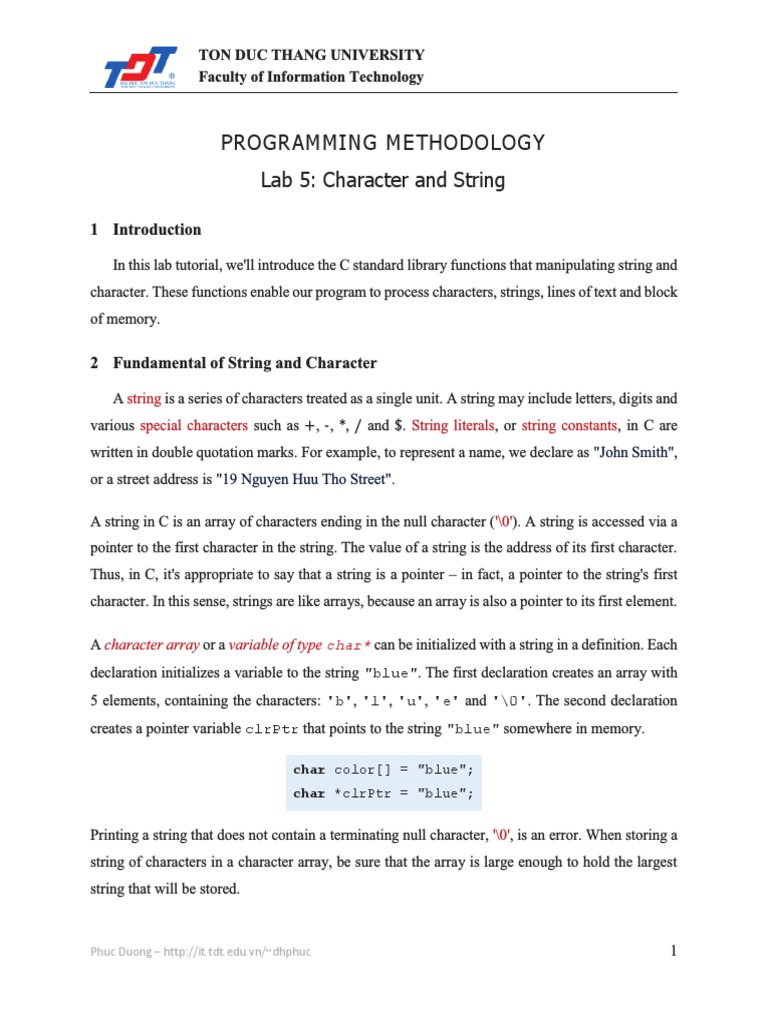 Programming Methodology Lab 5 Character And String Qwurgxfwlrq Pdf Computer Programming