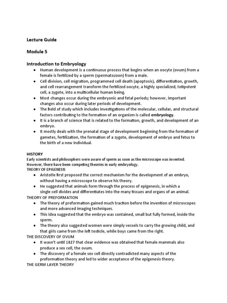 Lecture Guide: Introduction To Embryology | PDF | Embryo | Placenta