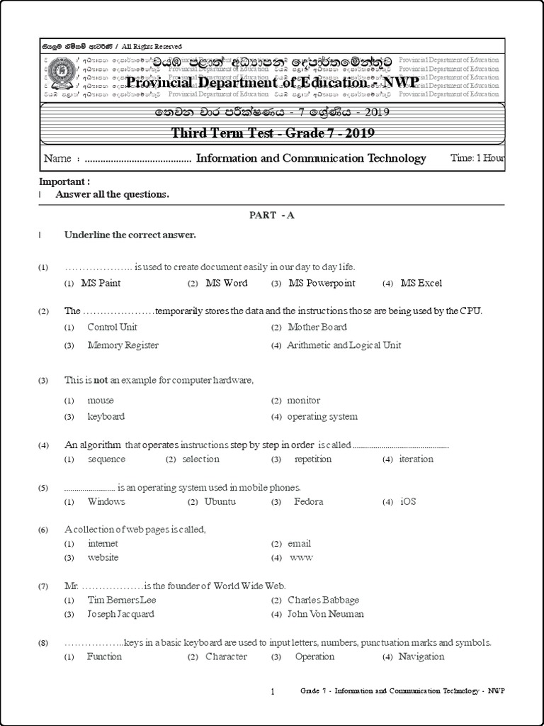 Grade 07 ICT 3rd Term Test Paper 2019 English Medium - North Western ...