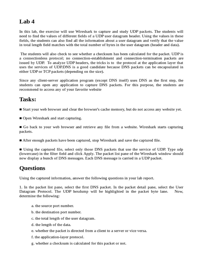 Lab 4 UDP | PDF | Port (Computer Networking) | Network Packet