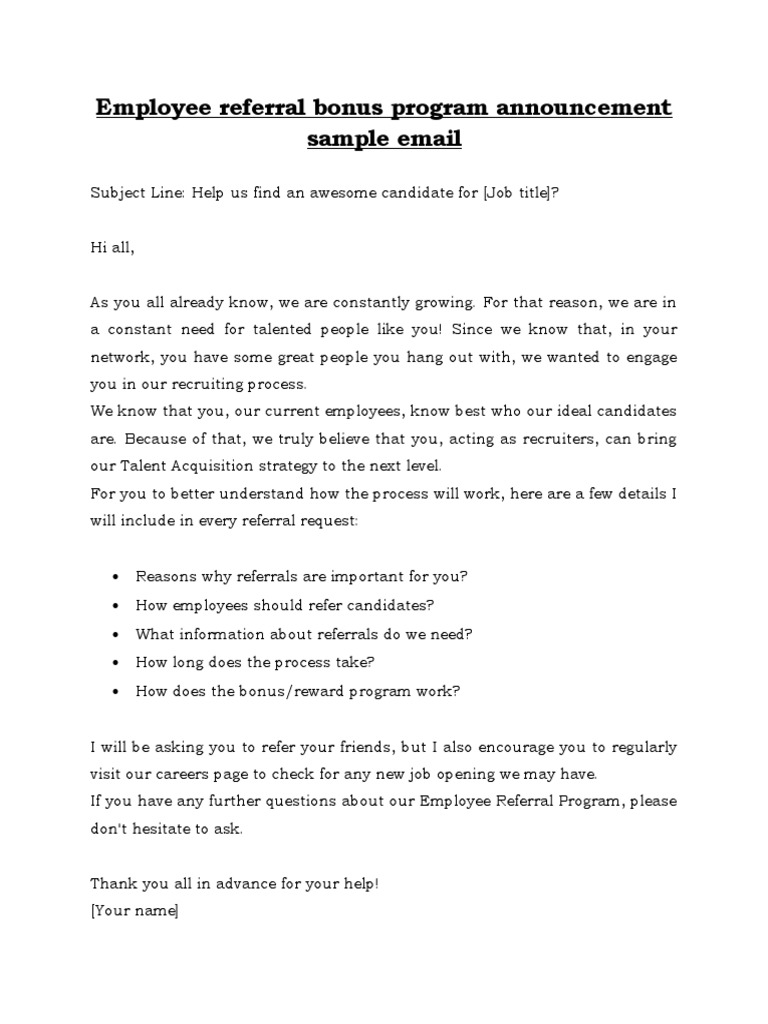 Employee Referral Bonus Program Announcement Sample Email | PDF