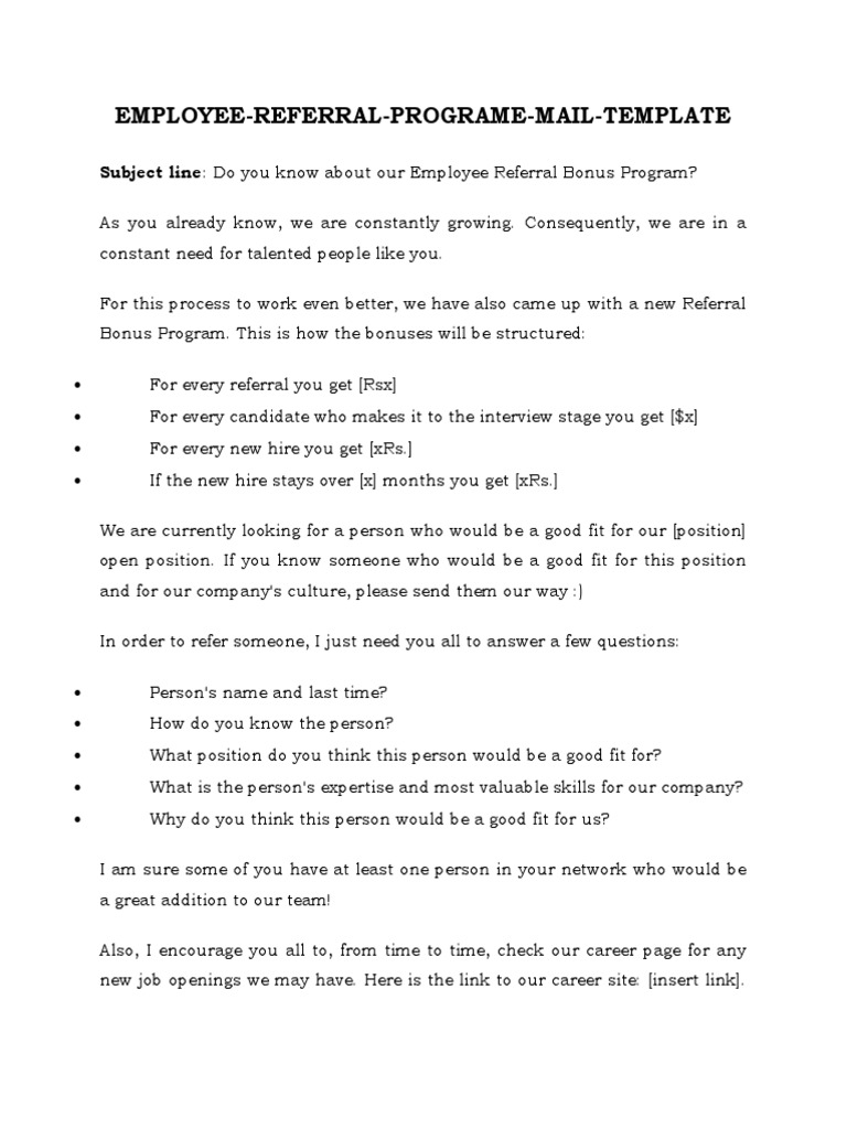 Employee-Referral-Programe-Mail-Template: Subject Line: Do You Know ...