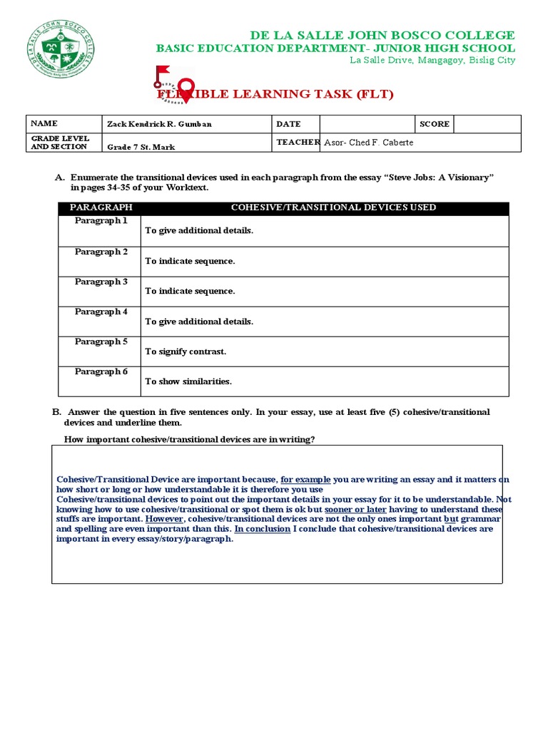Flexible Learning Task (FLT) : de La Salle John Bosco College | PDF ...