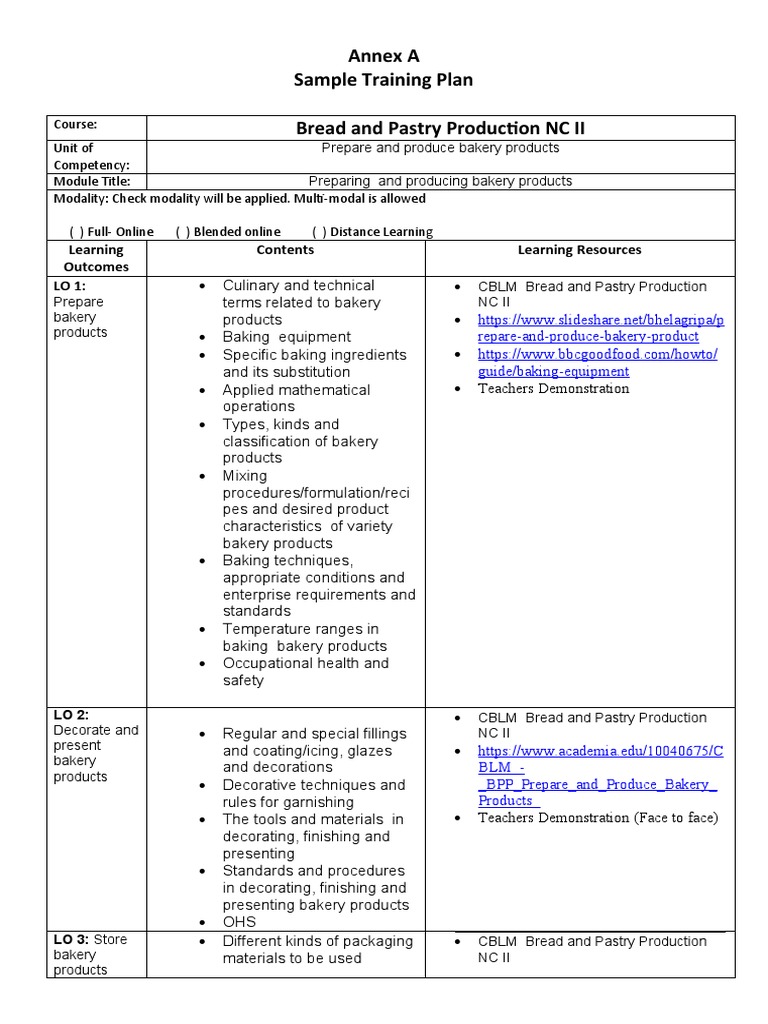 BPP - Training Plan | PDF | Cakes | Desserts