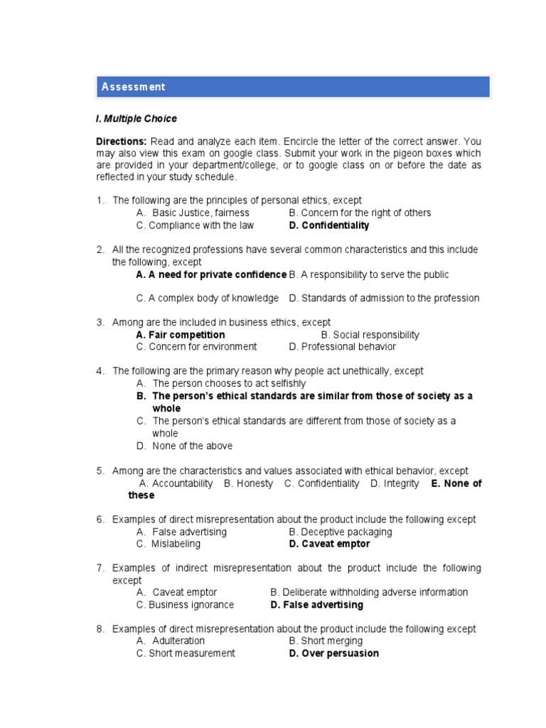 Business Ethics Multiple Choice Exam | PDF | Corruption | Employment