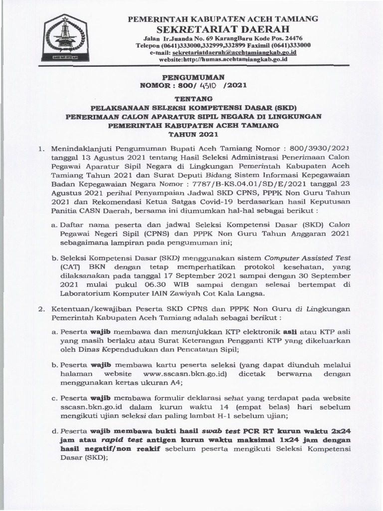 Pengumuman SKD Casn Atam 2021 | PDF