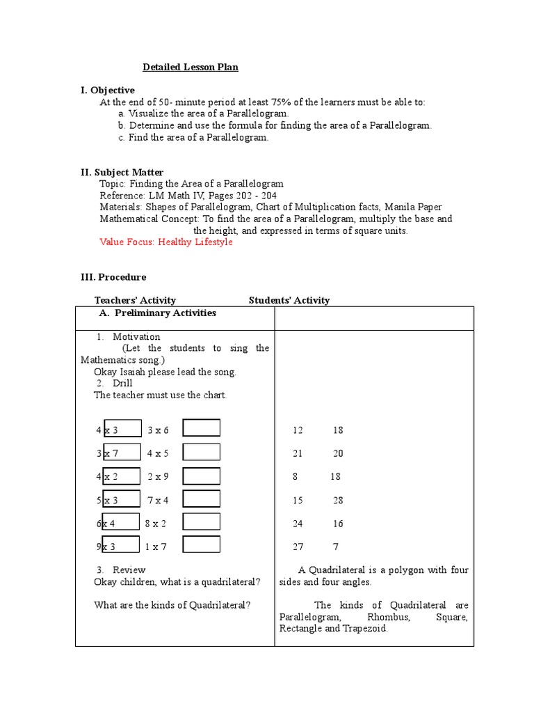 Detailed Lesson Plan | PDF | Area | Geometric Shapes