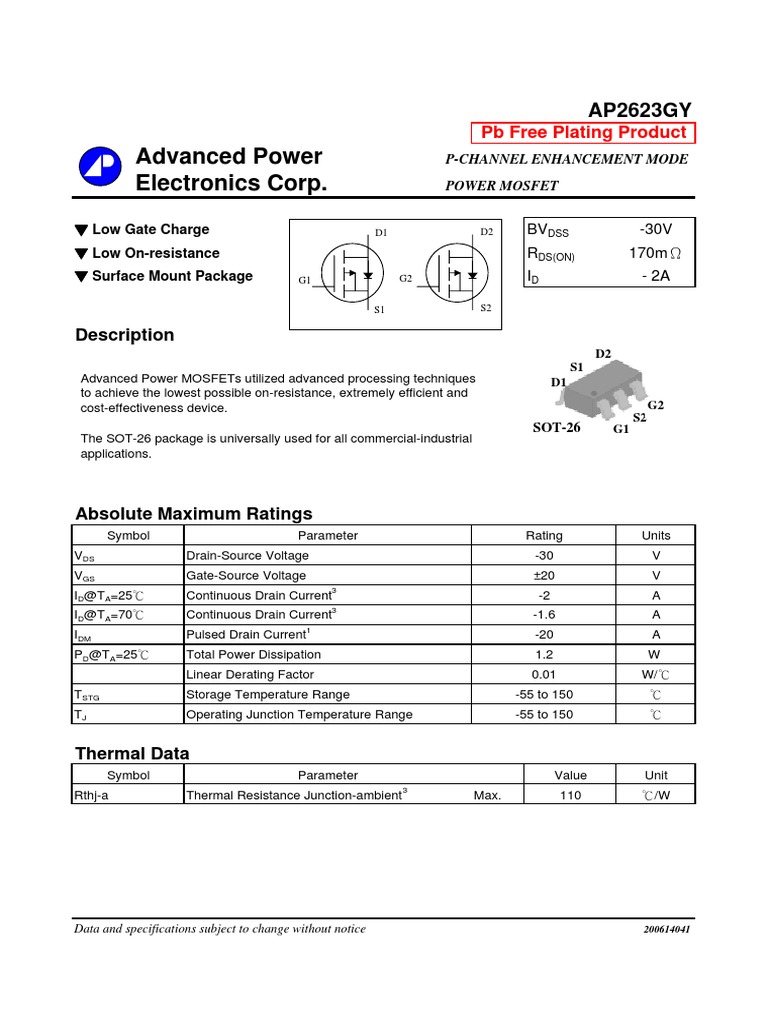 AP2623GY - AdvancedPowerElectronics | PDF | Field Effect Transistor ...