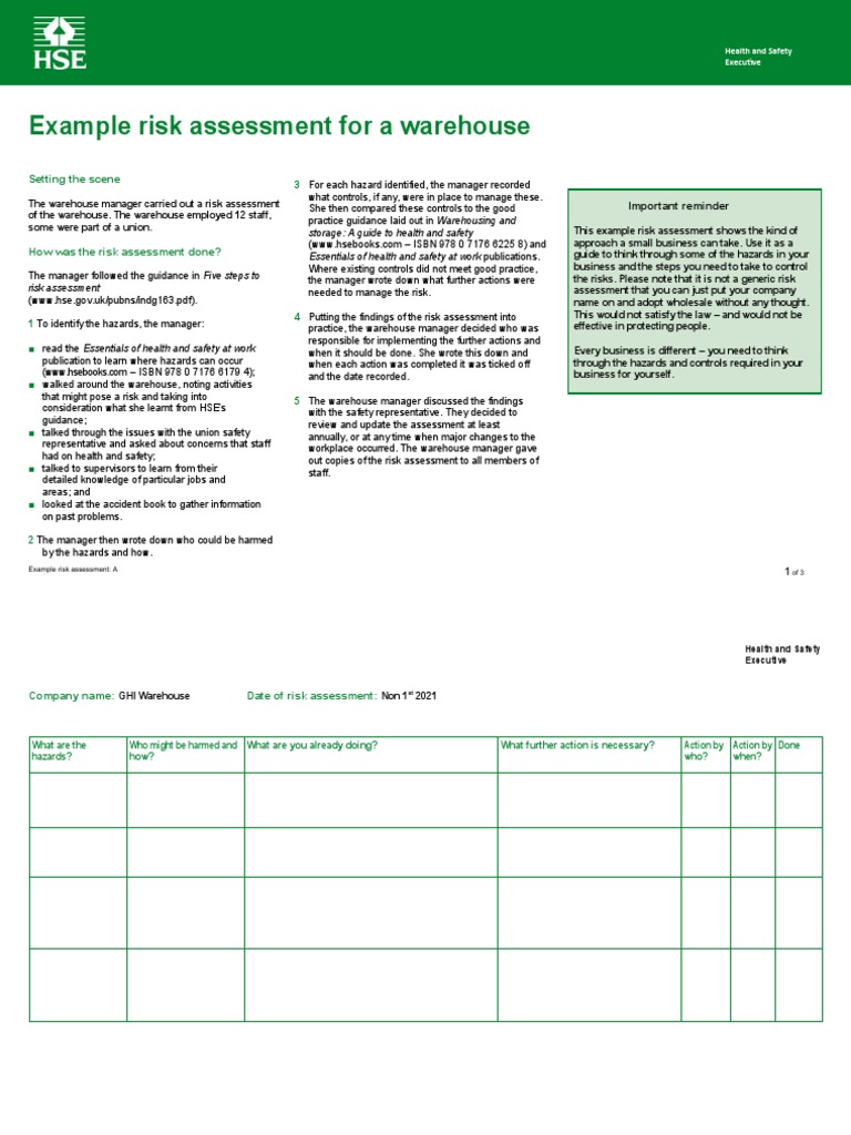Example Risk Assessment For A Warehouse | PDF | Occupational Safety And ...