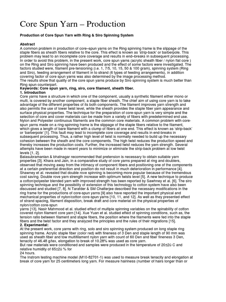 Core Spun Yarn - Production | PDF | Yarn | Spinning (Textiles)