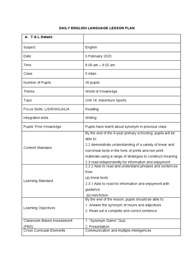 Adventure Sports Language Arts Lesson | PDF | Teachers | Curriculum
