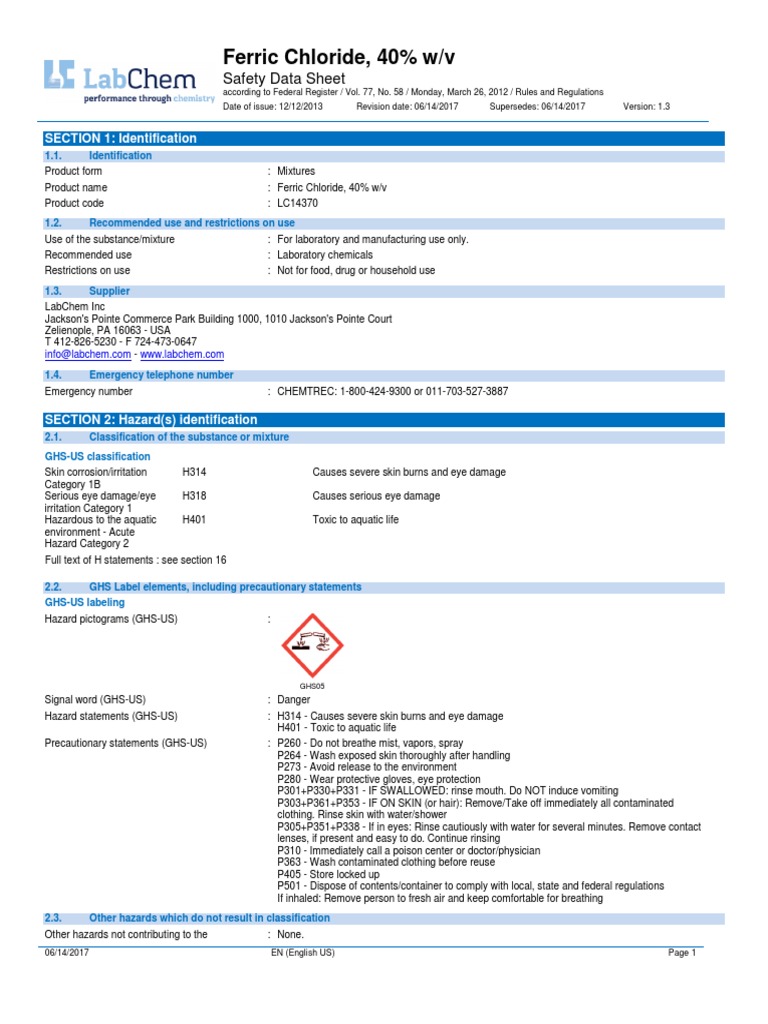 FeCl3 Msds - VISCOSITY | PDF | Toxicity | Dangerous Goods