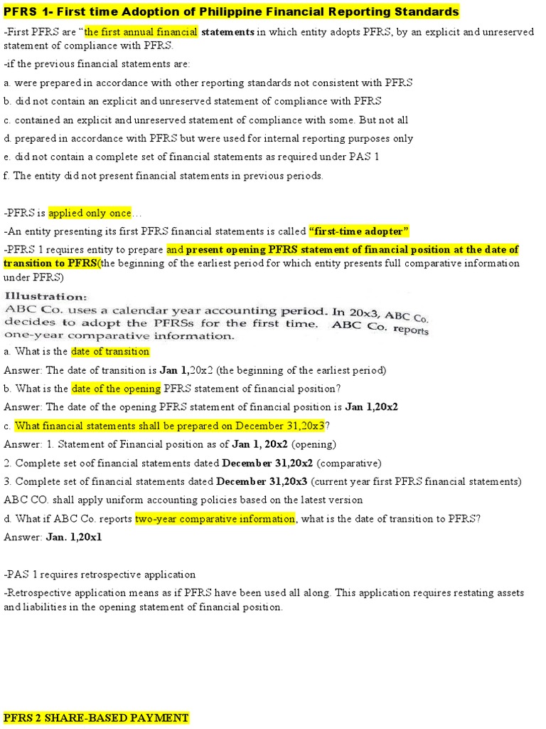 Transition To PFRS (The Beginning of The Earliest Period For Which ...
