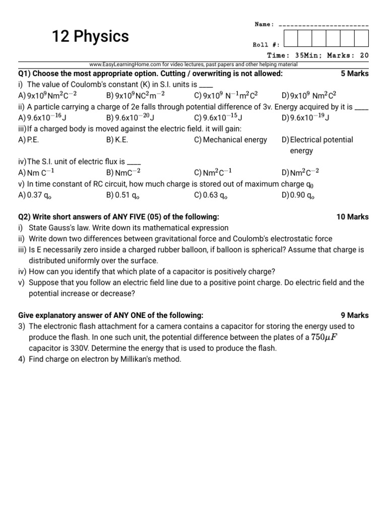 12 Physics - Test Maker @ | PDF | Electric Field | Electric Charge