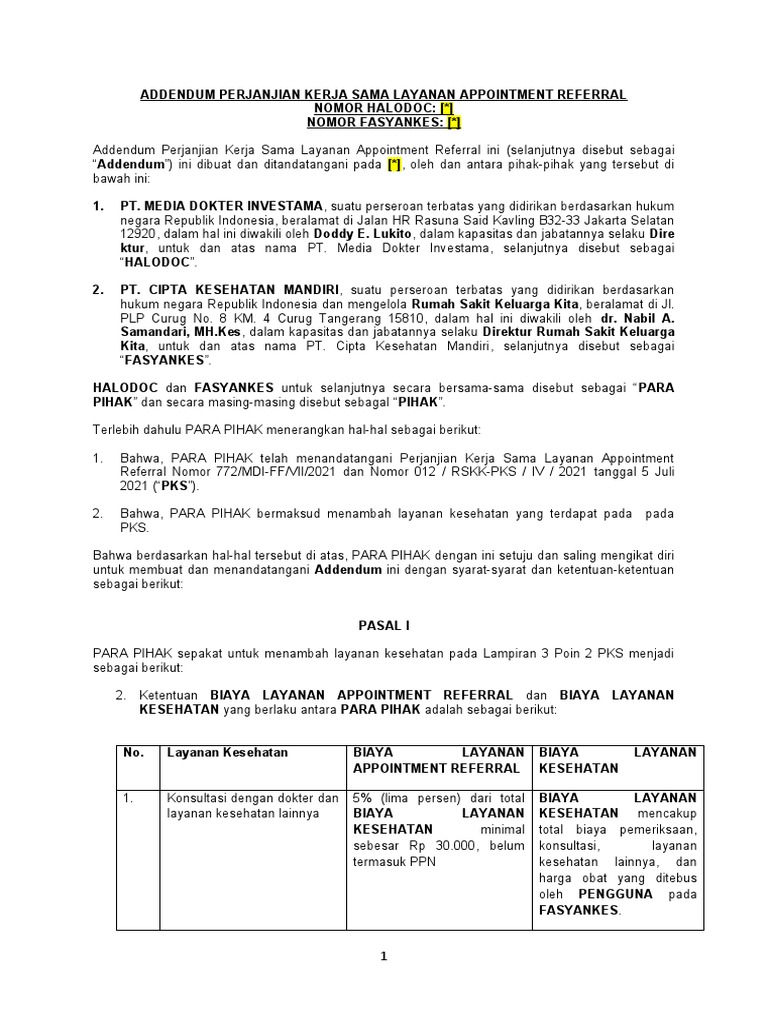 Addendum 1 PKS Appointment Referral RS Keluarga Kita LegalHD25102021 | PDF