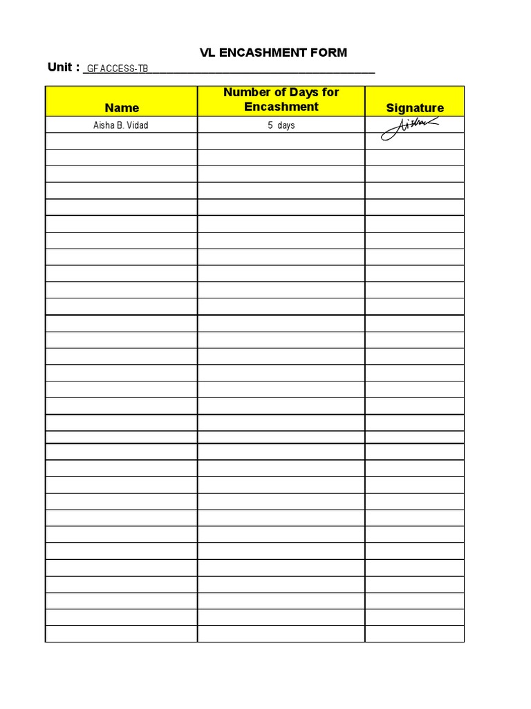 VL Encashment Form Unit: - Number of Days For Encashment Signature | PDF
