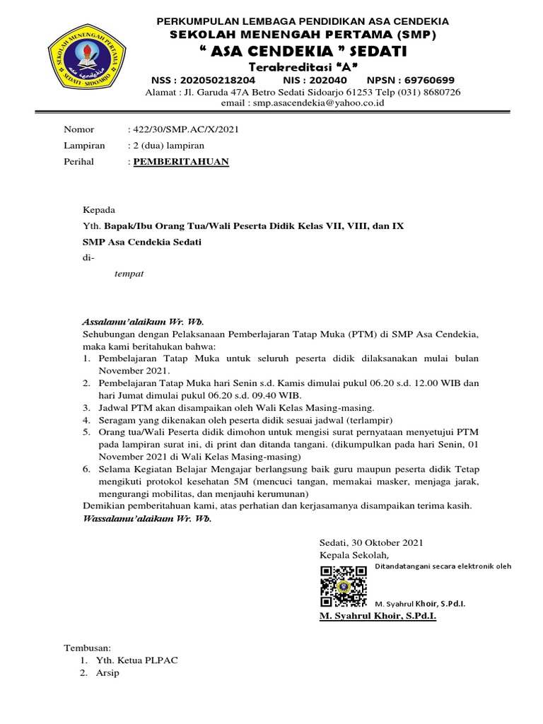 422 Surat Pemberitahuan PTM November | PDF