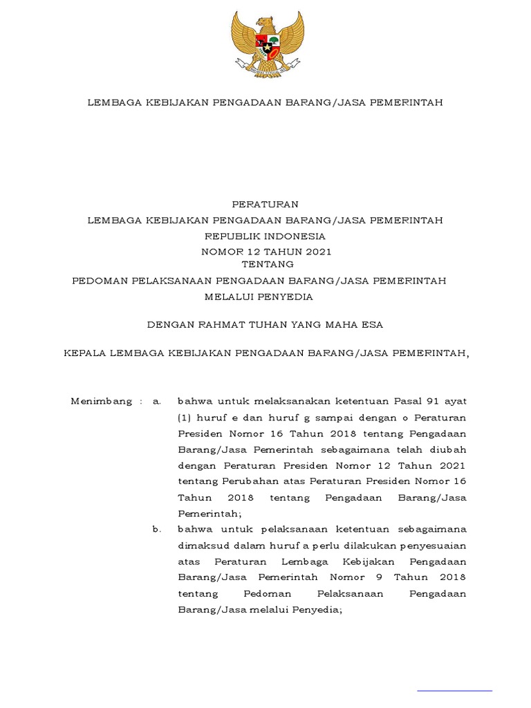 Perlem LKPP No 12 Tahun 2021 Tanpa MDP Lampiran 1 | PDF