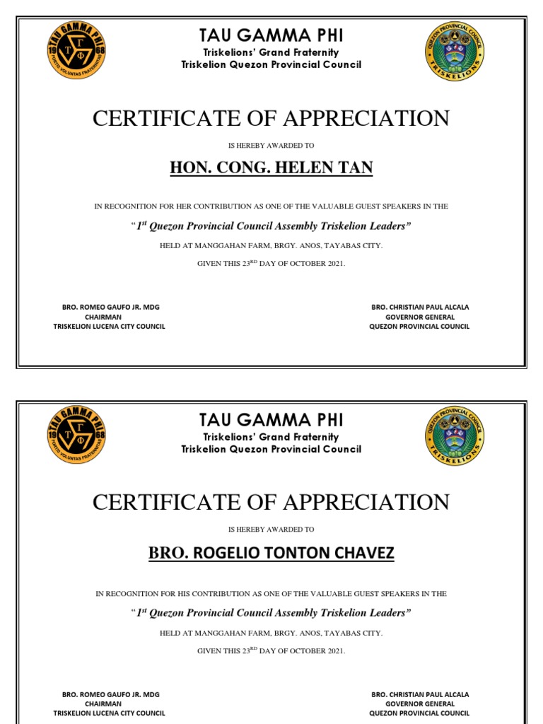 Certificate of Appreciation: Tau Gamma Phi | PDF | Philippines ...
