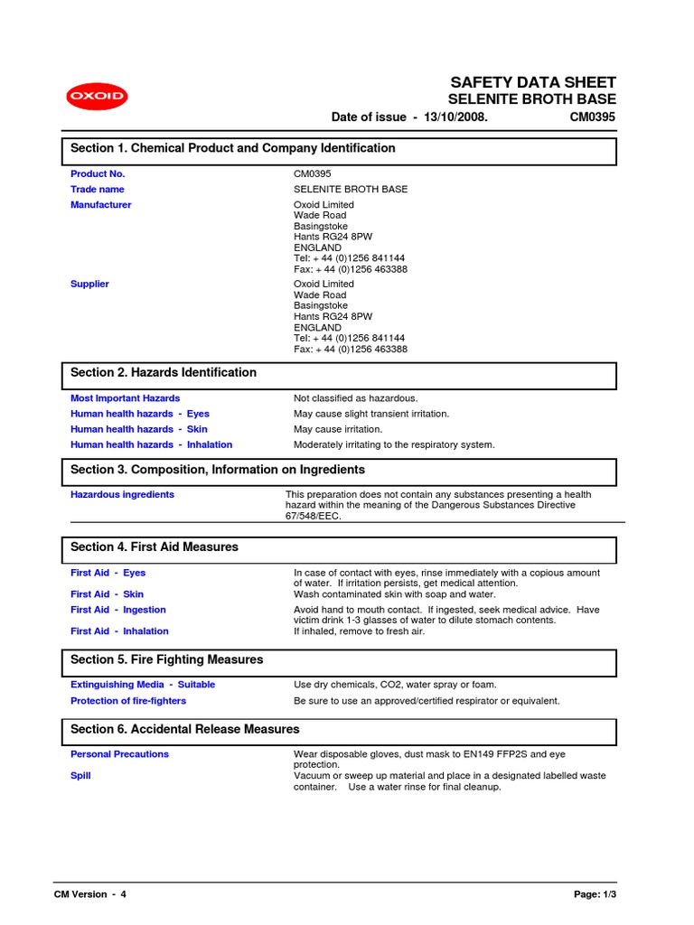 Selenite Broth Base MSDS Oxoid | PDF | Toxicity | Occupational Safety ...