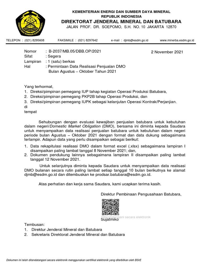 Realisasi Penjualan DMO Batubara 2021 | PDF