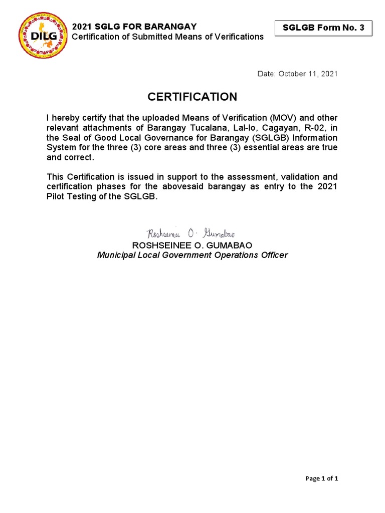 FINAL Annex C Certification of Submitted Means of Verification | PDF