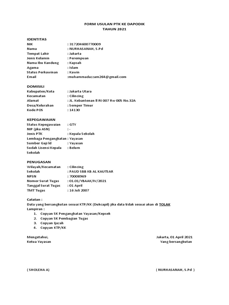 Form Usulan PTK Ke Dapodik | PDF