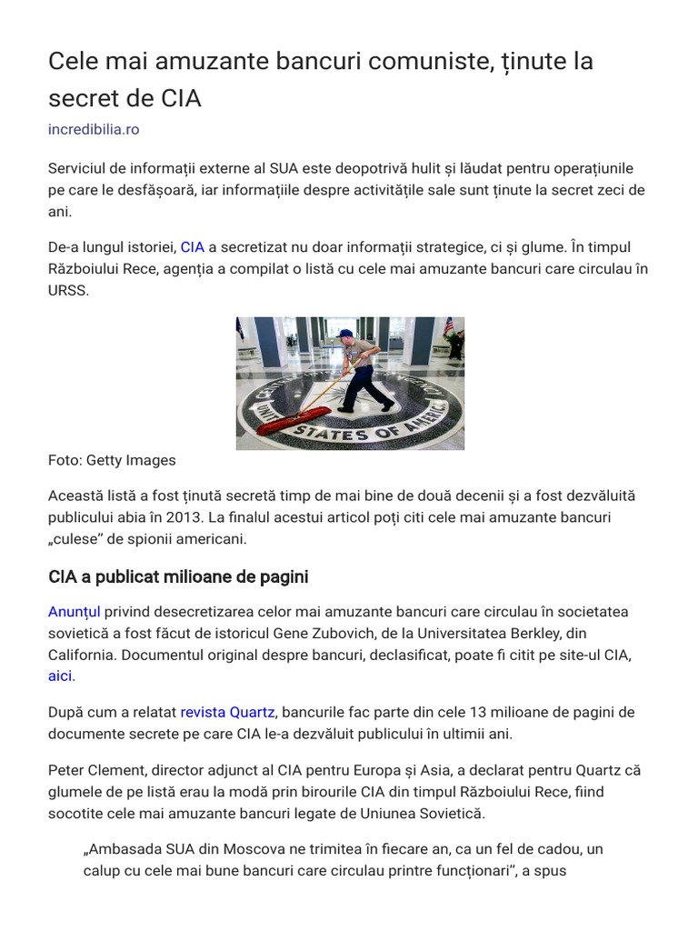 Cele Mai Amuzante Bancuri Comuniste, Ținute La Secret de CIA | PDF