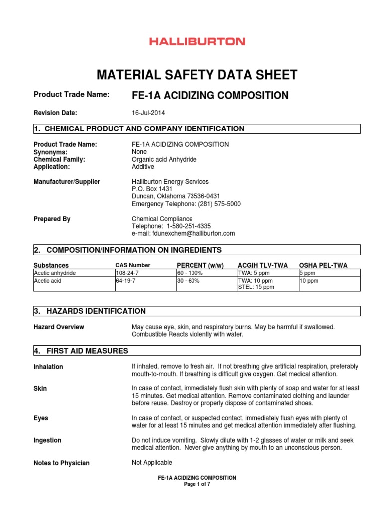 FE-1A Acidizing Composition MSDS | PDF | Dangerous Goods | Toxicity
