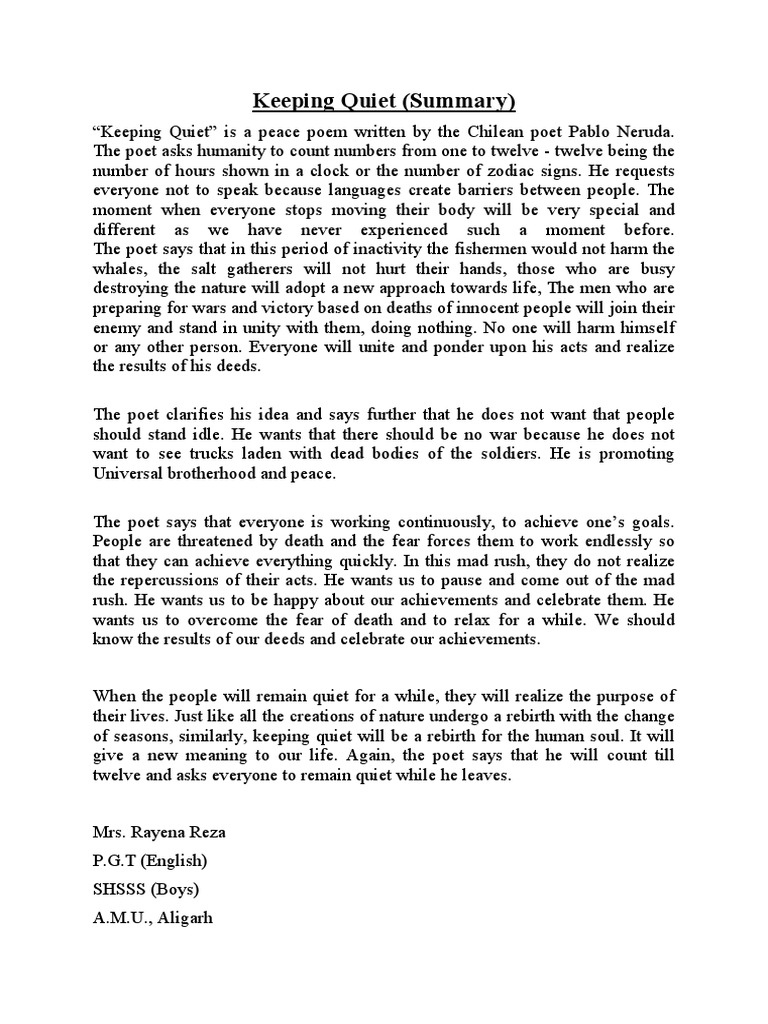 Summary of "Keeping Quiet" Poem | PDF