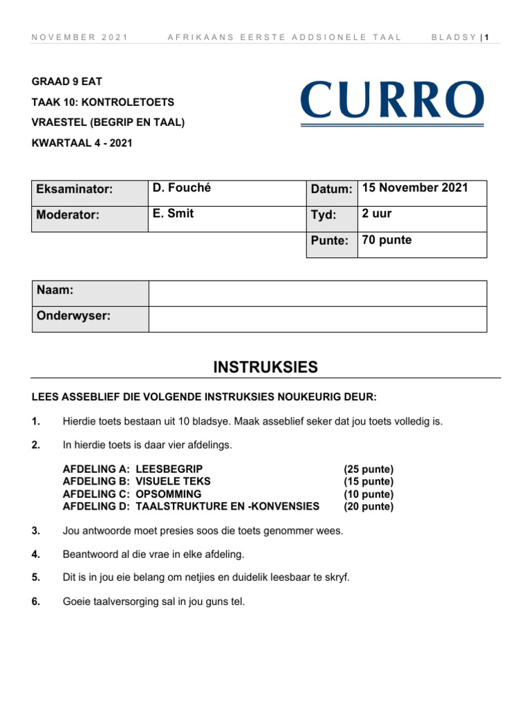 Graad 9 Kwartaal 4 Taak 10 Eksamen Nov 2021 | PDF Graad 9 Kwartaal 4 Taak 10 Eksamen Nov 2021 | PDF