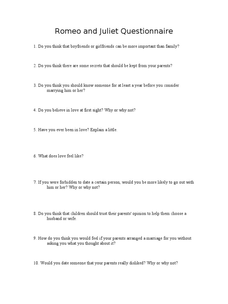 Romeo and Juliet Questionnaire | PDF