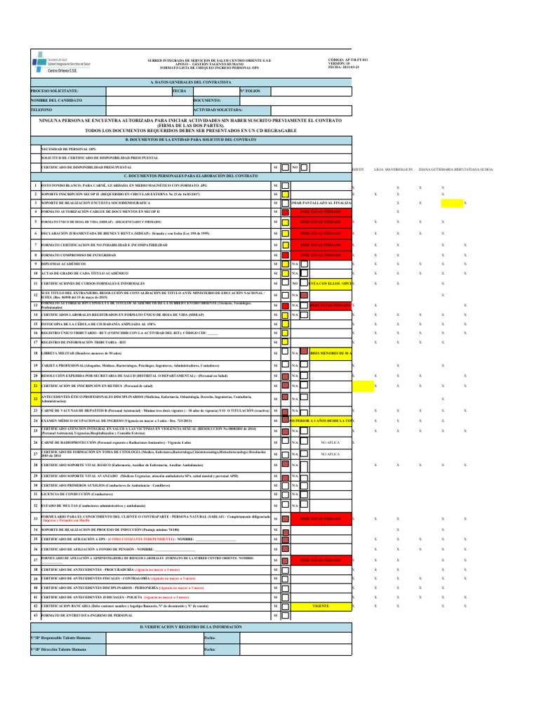 Ap-Th-Ft-013 Formato Lista de Chequeo Ingreso Personal Ops | PDF | Medicina de Cuidados ...