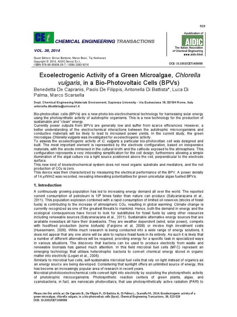 Exoelectrogenic Activity of A Green Microalgae, Chlorella, in A Bio ...