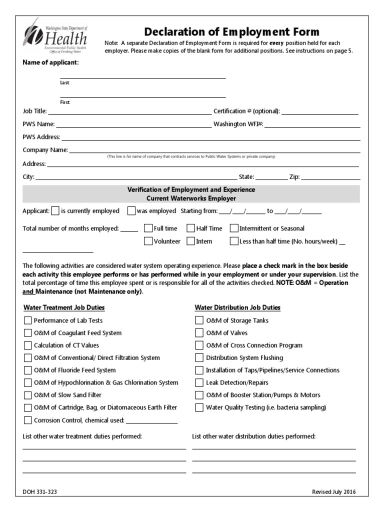 Declaration of Employment Form: Last First | PDF | Water Purification ...