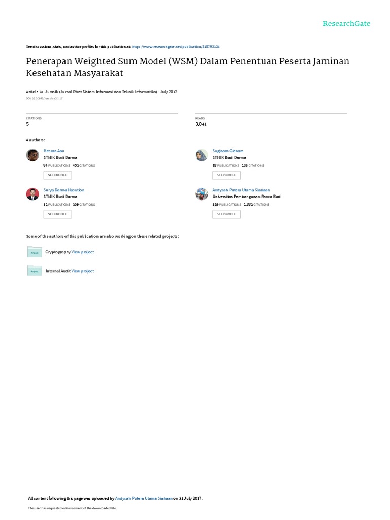 Penerapan Weighted Sum Model (WSM) Dalam Penentuan Peserta Jaminan Kesehatan Masyarakat | PDF ...